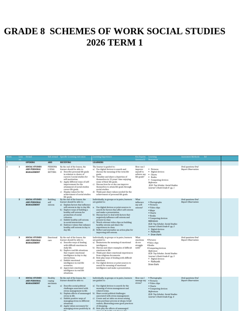 Grade 8 Social Studies Schemes | PDF | Self Esteem | Learning