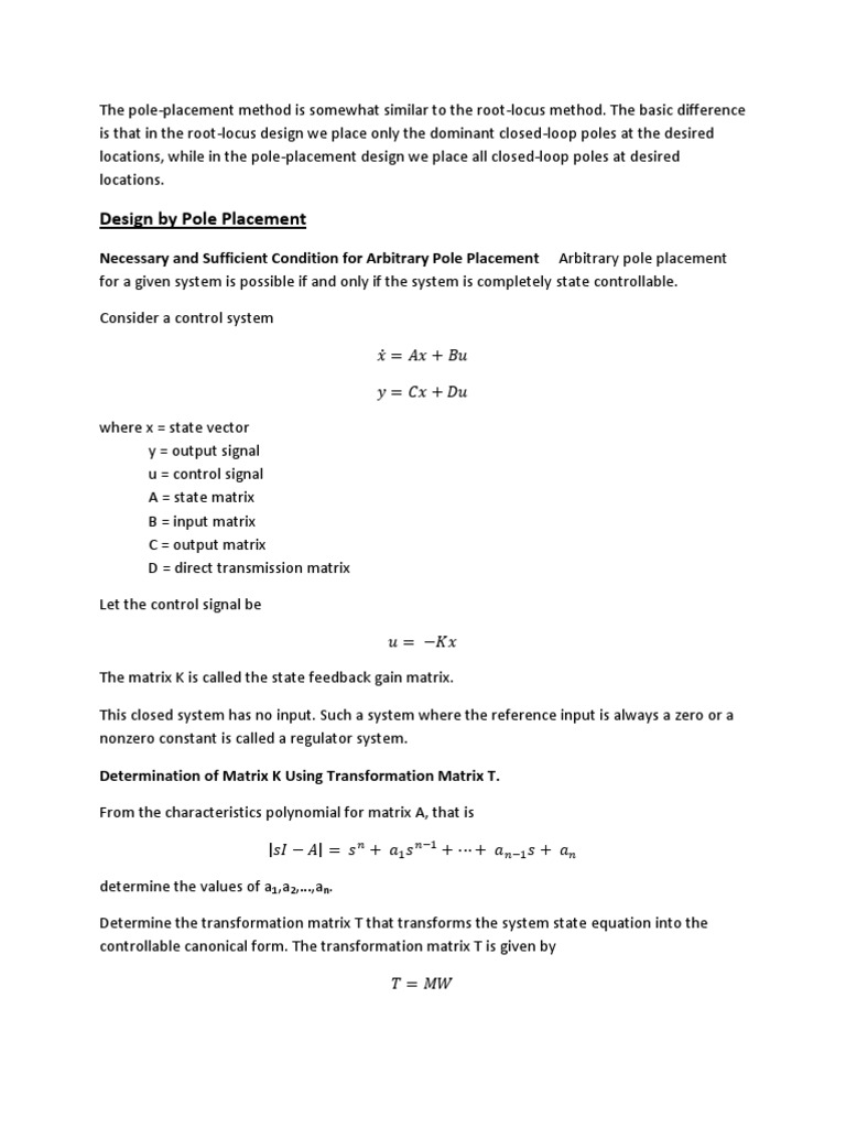 Pole Placement Method in Control Systems | PDF