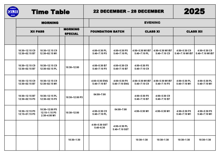 Batch Time Table - 22-28 Dec 2025 | PDF