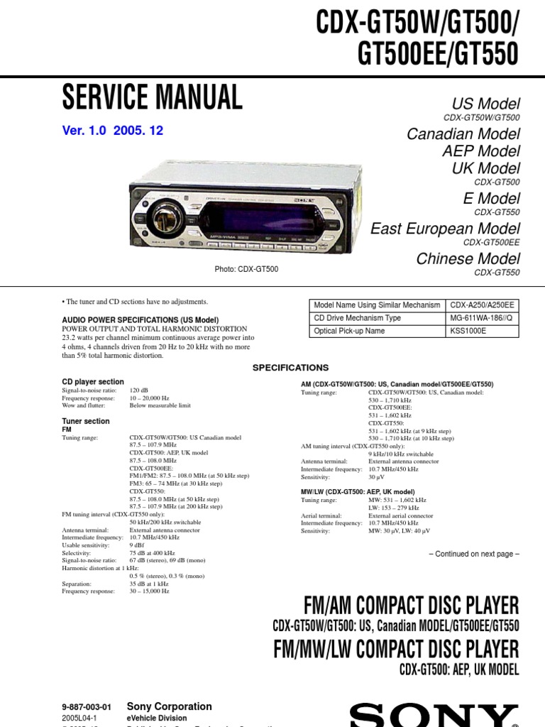 Sony Cdx-gt50w, Gt500, Gt500ee, Gt550 Service Manual | PDF | Hertz ...