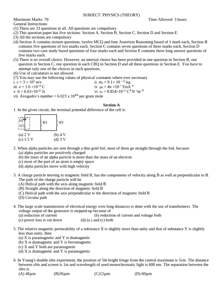 XII Preboard (Physics) Code B Dec - 2025 | PDF | P–N Junction | Inductance