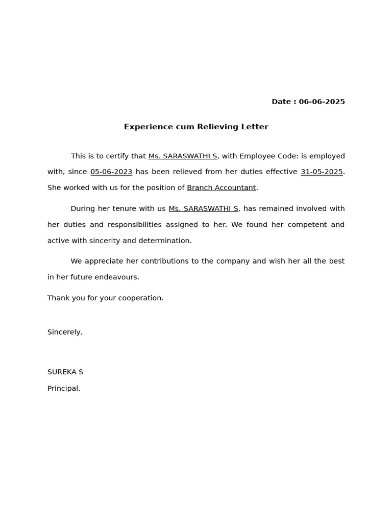 Relieving Letter Format in Word | PDF