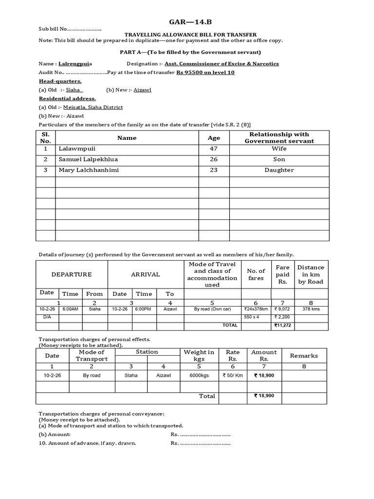 Gar 14 B Ta Bill For Transfer Aizawl | PDF | Payments