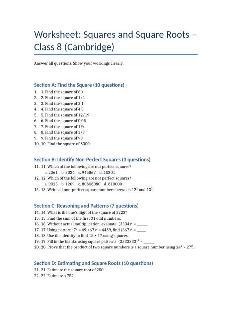 Squares and Square Roots Worksheet Class8 | PDF | Arithmetic ...