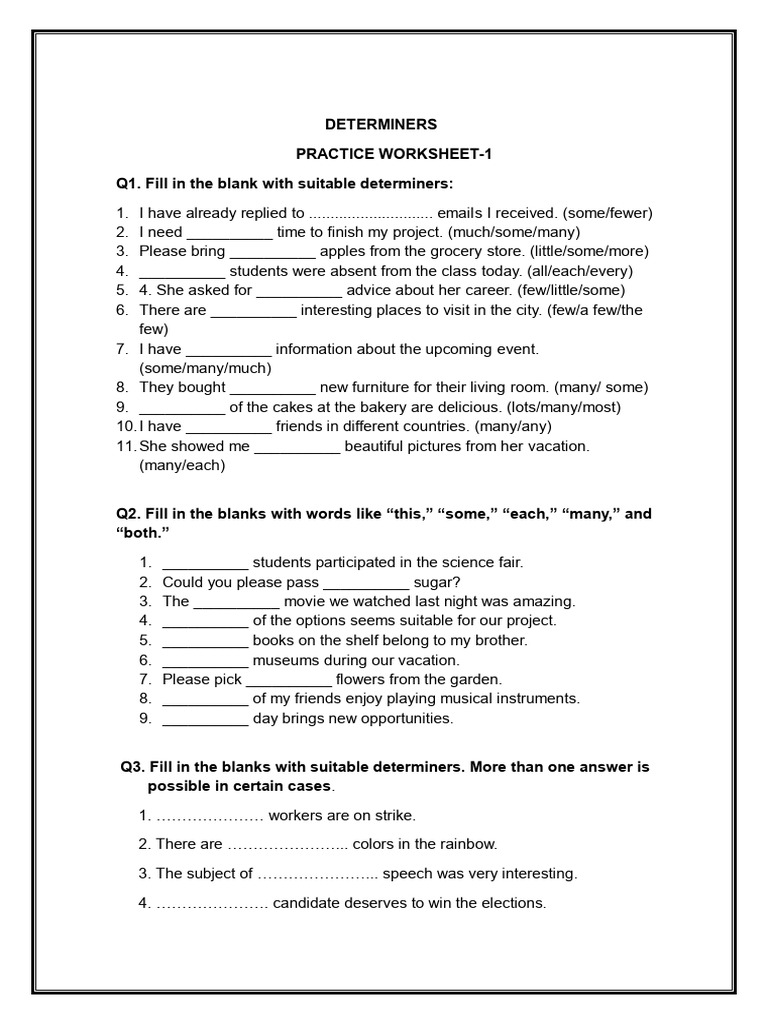 Practice Worksheet - 1 Determiners | PDF | Chess Theory | Chess