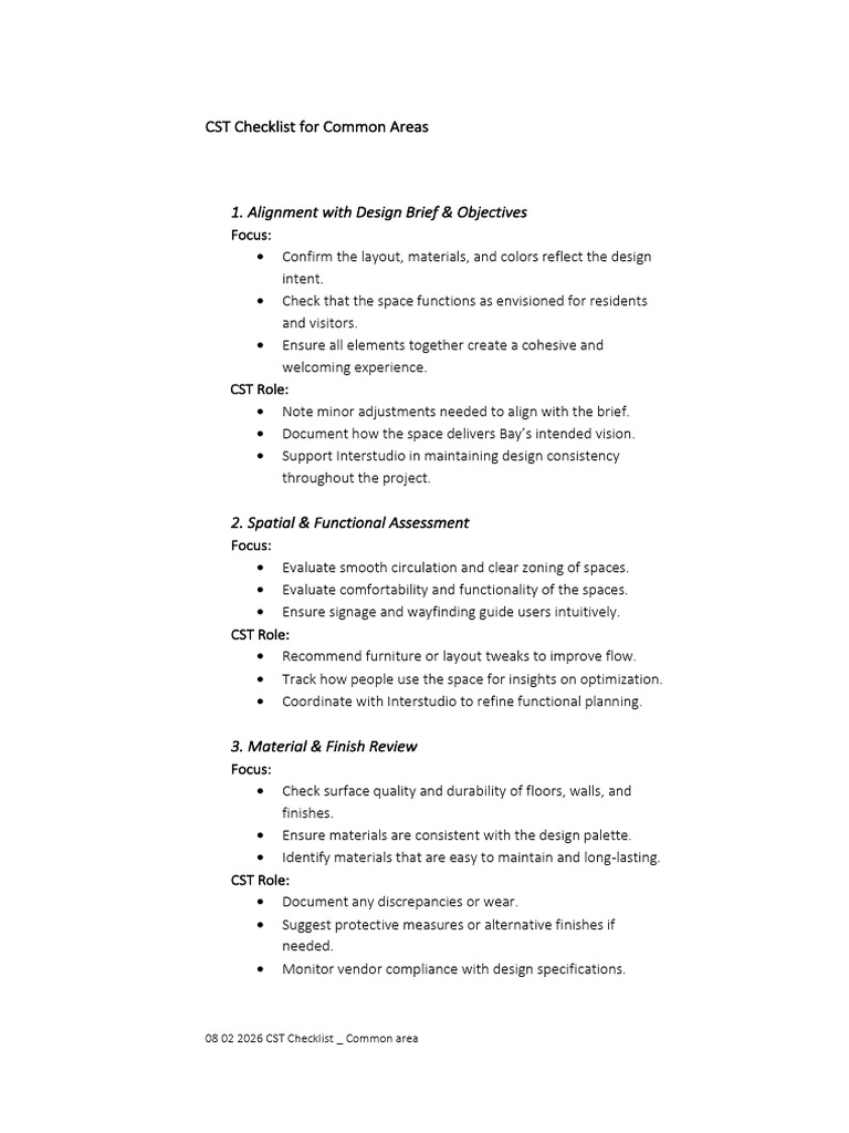 26 02 08 CST Checklist For Common Areas | PDF | Lighting | Safety