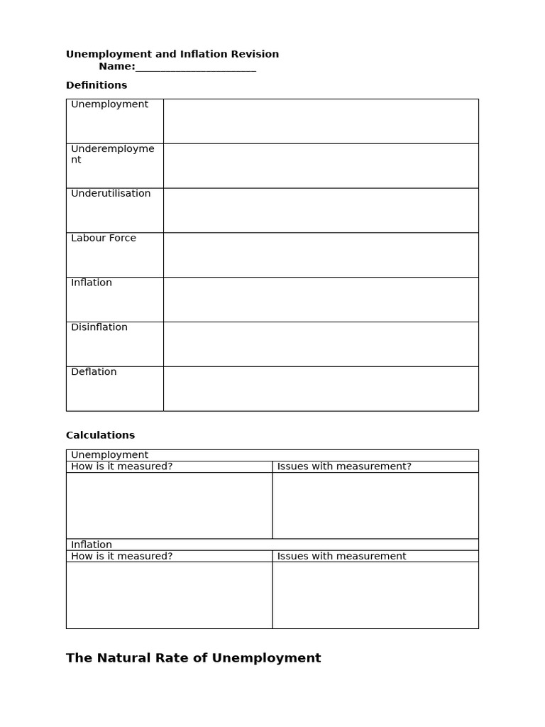 Unemployment and Inflation Revision Sheet | PDF