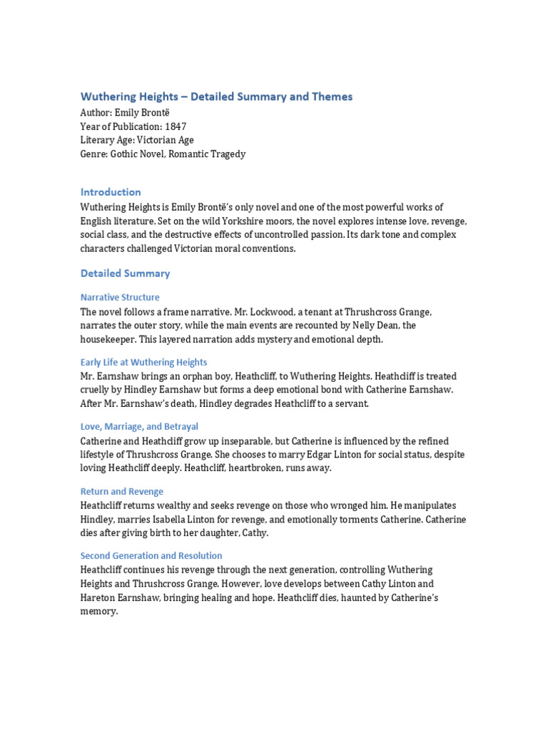 Wuthering Heights Summary and Themes | PDF | Wuthering Heights ...