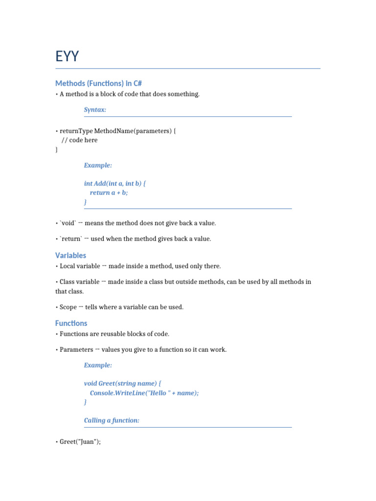 Methods (Functions) in C#: Syntax | PDF