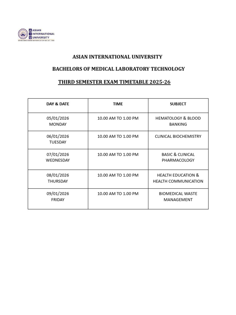 Sy BMLT Final Exam Timetable 2025-26 | PDF