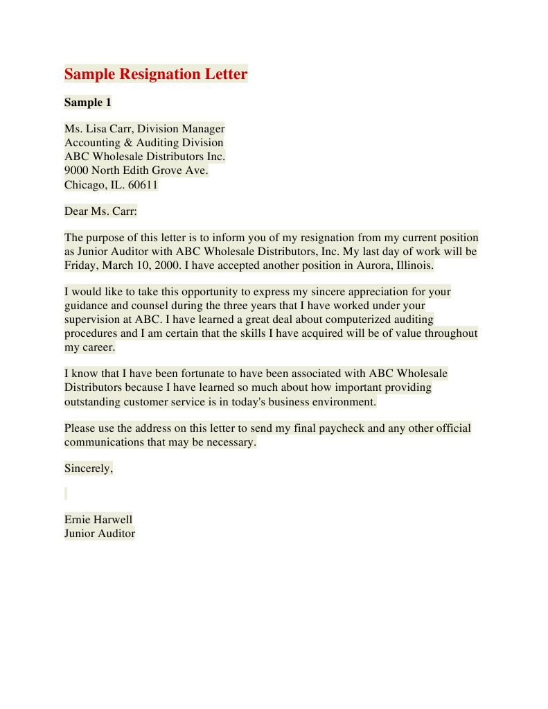 Sample Resignation Letter | PDF | Audit | Business