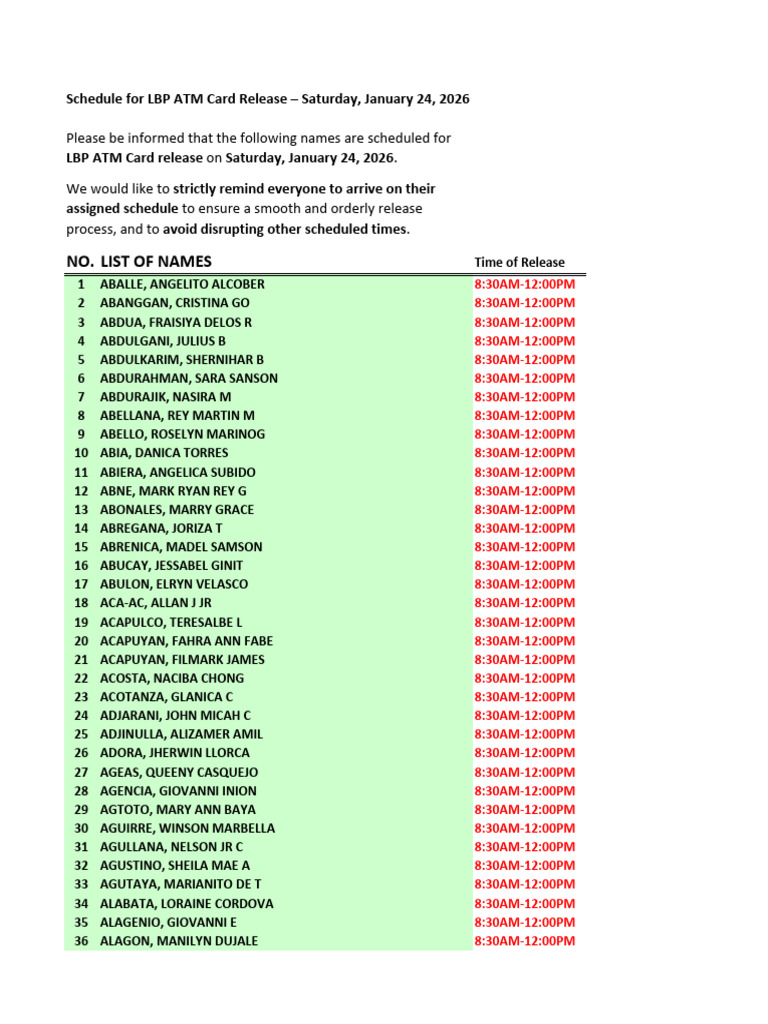 List of Names With LBP ATM Card For Release On Jan 24 2026 Revised | PDF