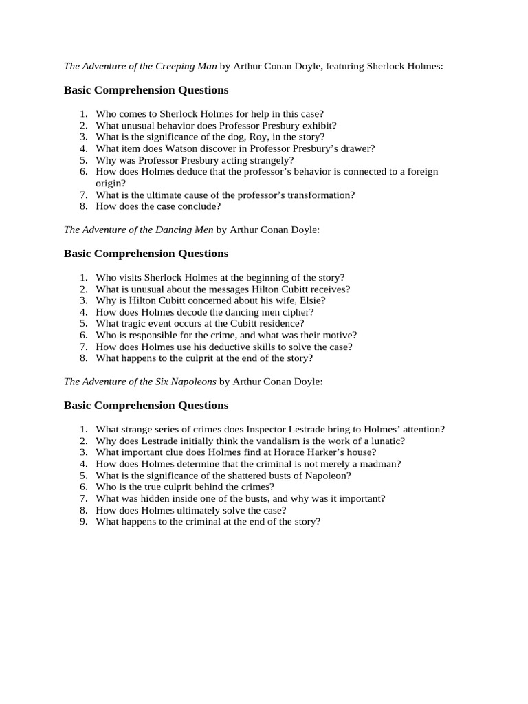 Sherlock Holmes Comprension Check Questions | PDF | Sherlock Holmes ...