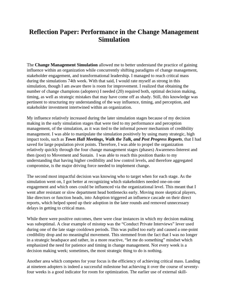 Reflection Paper-Change Management Simulation - Power and Influence ...