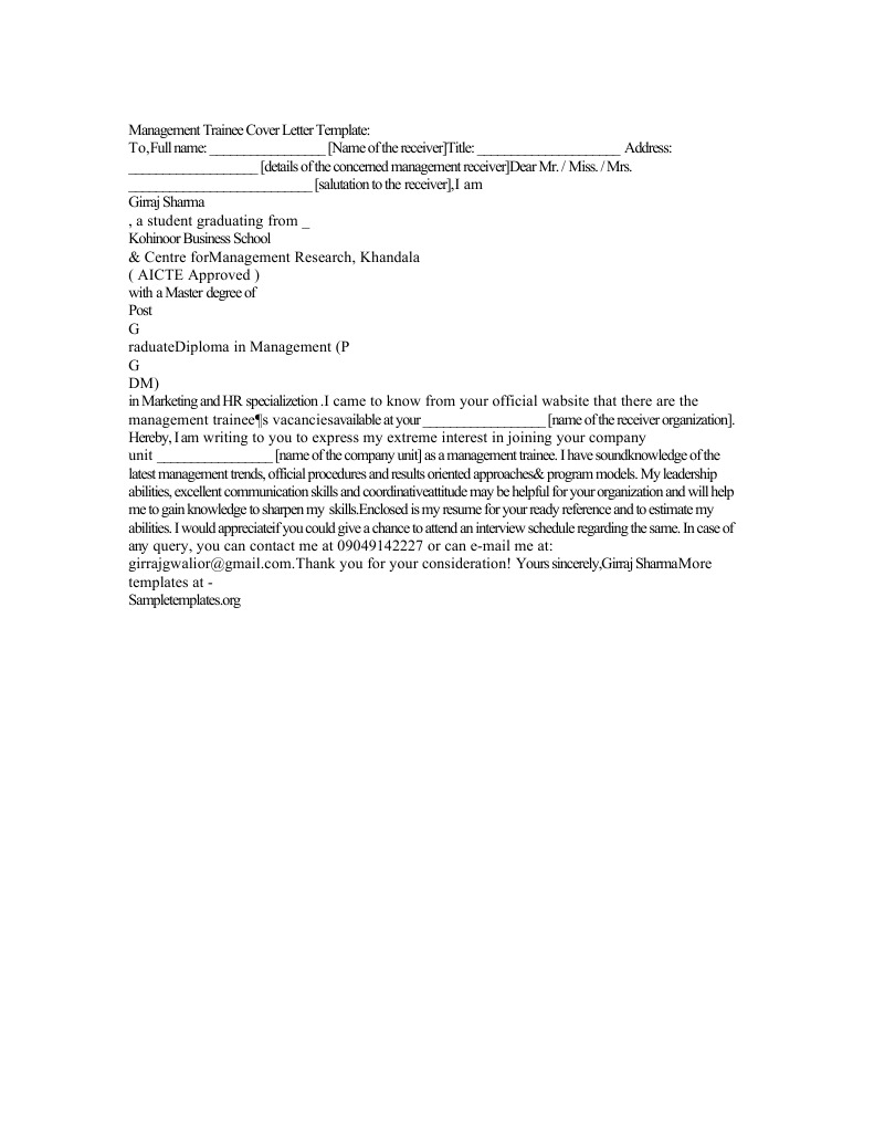 Management Trainee Cover Letter Sample | PDF | Academia | Cognition