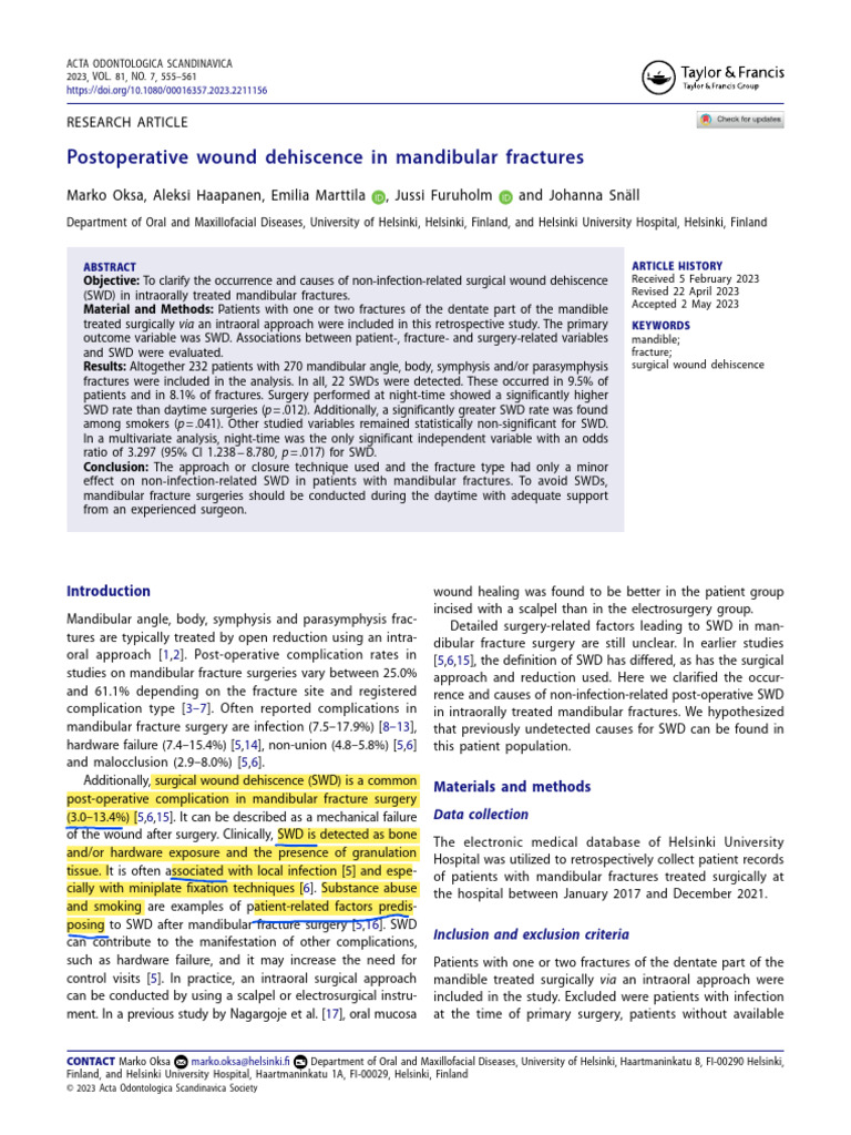 Postoperative Wound Dehiscence in Mandibular Fractures | PDF | Wound ...