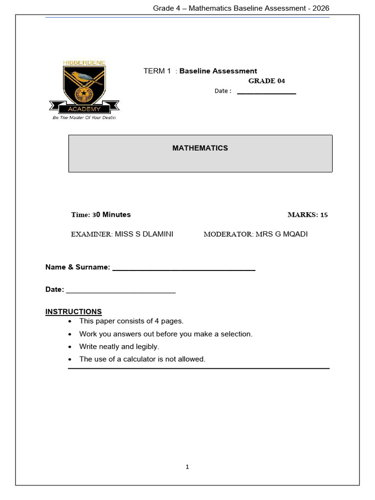 Grade 4 Baseline Assessment | PDF | Mathematics