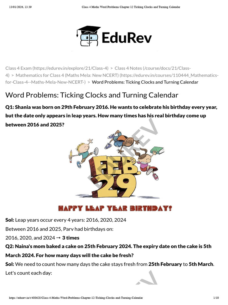 Class 4 Maths Word Problems Chapter 12 Ticking Clocks and Turning ...