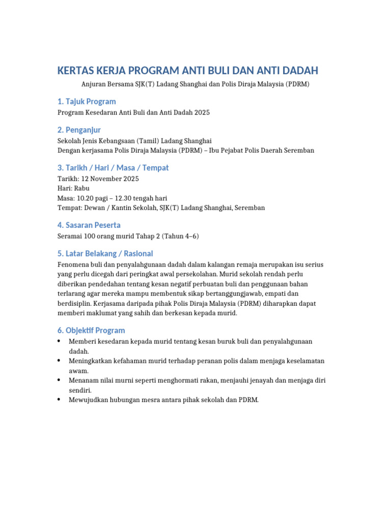 Kertas Kerja Program Anti Buli Dan Anti Dadah | PDF