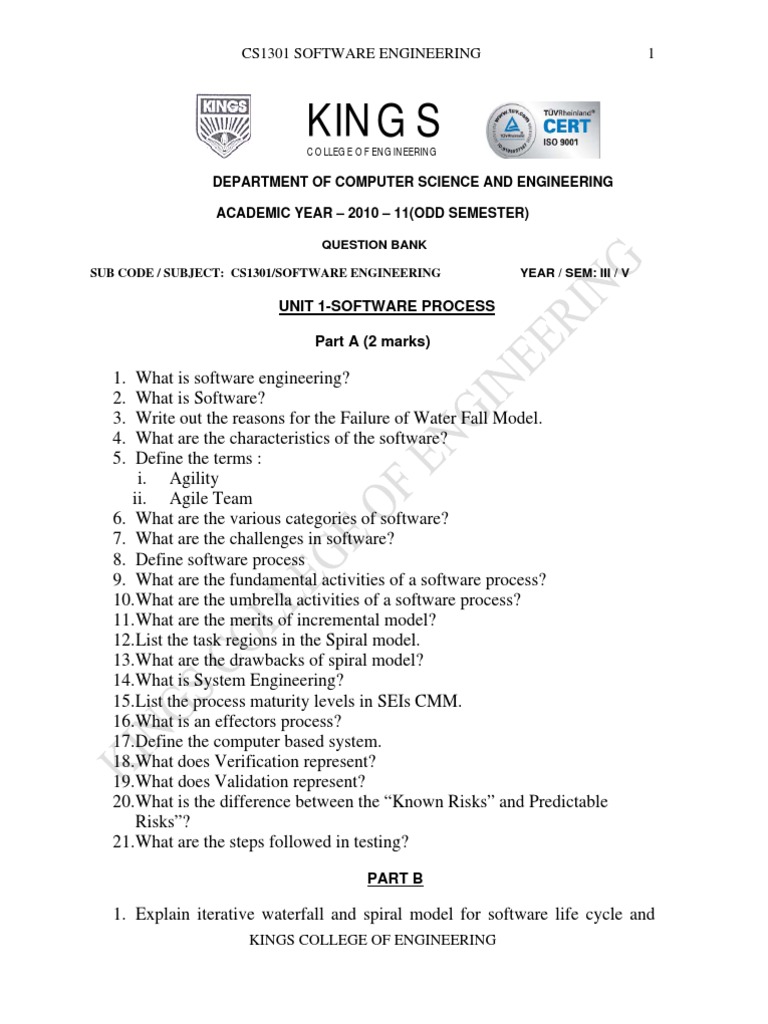 Cs1301 Software Engineering Pdf Software Prototyping Software Testing