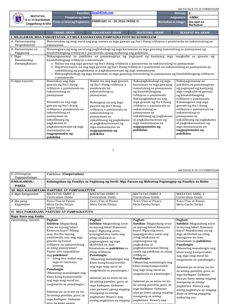 DTC DLL Matatag GMRC 2 q4 w4 | PDF