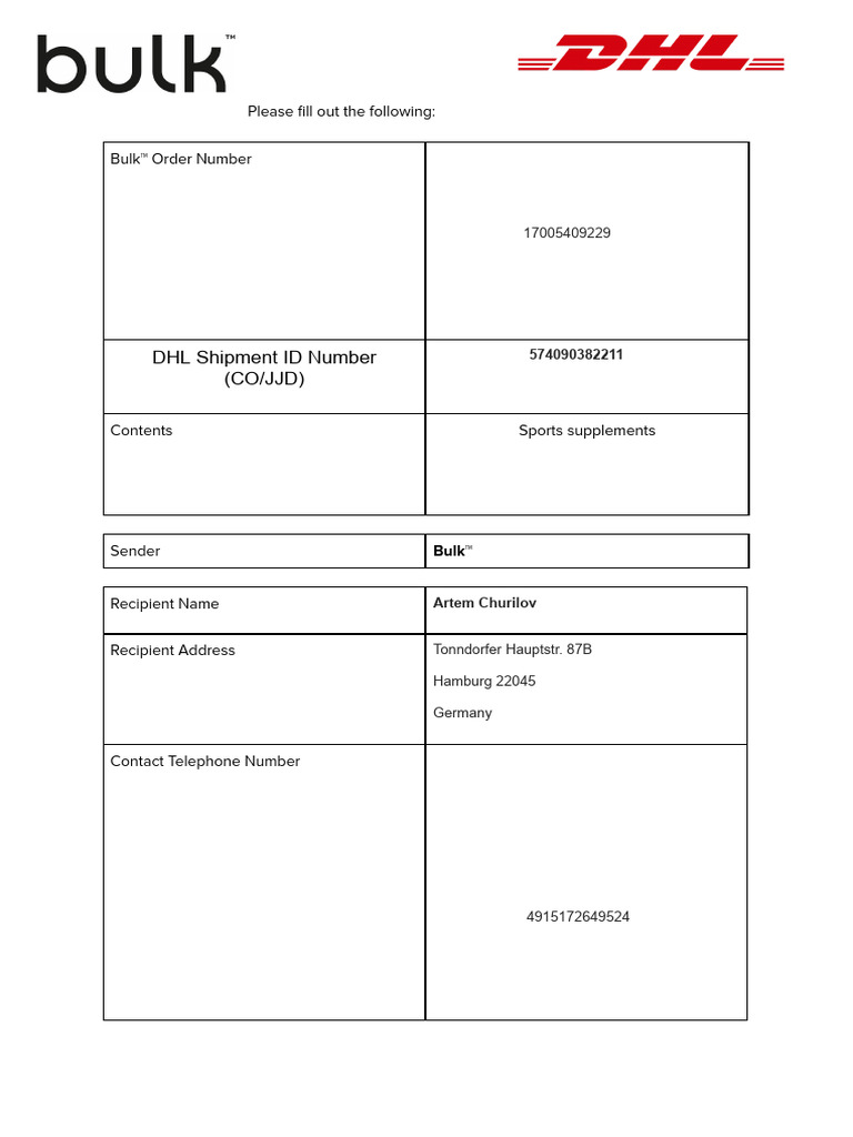 DHL Shipment ID Number (CO/JJD) : Please Fill Out The Following: Bulk ...