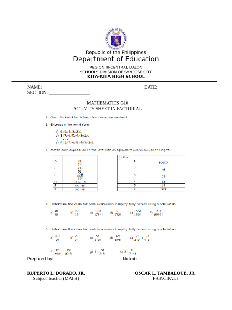 Worksheet in Factorial | PDF