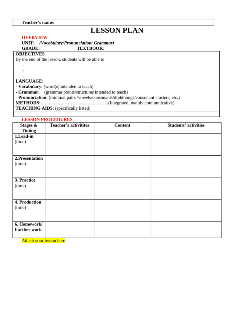 Lesson Plan Template - Teaching Practice 1 | PDF