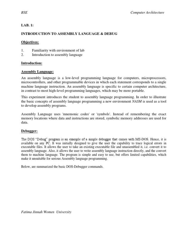 LAB. 1: Introduction To Assembly Language & Debug Objectives | PDF