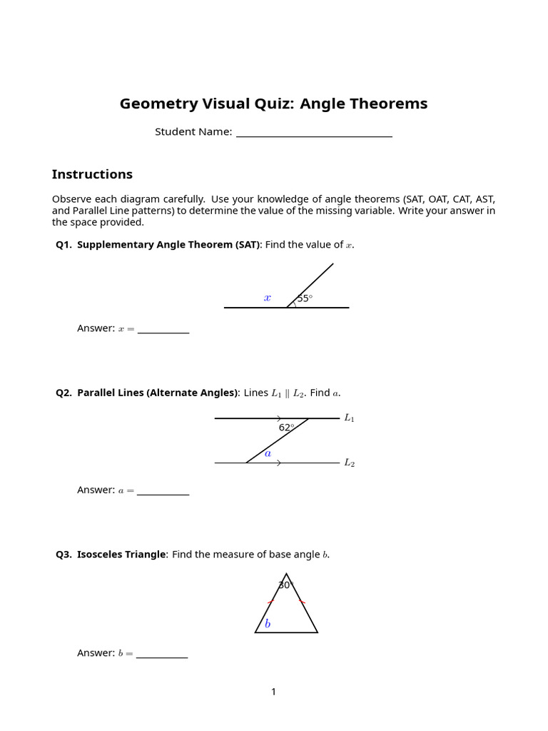 Printable Geometry Quiz | PDF | Angle | Triangle