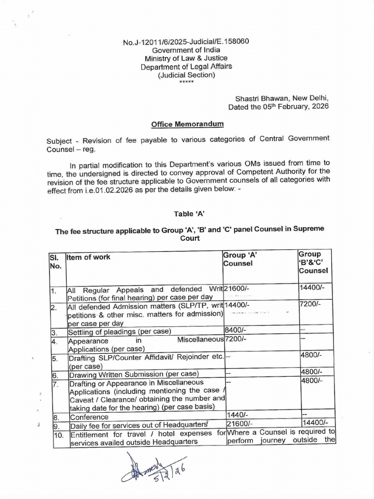 Central Government Counsel-Revised Fee W.E.F. 1.2.2026 | PDF