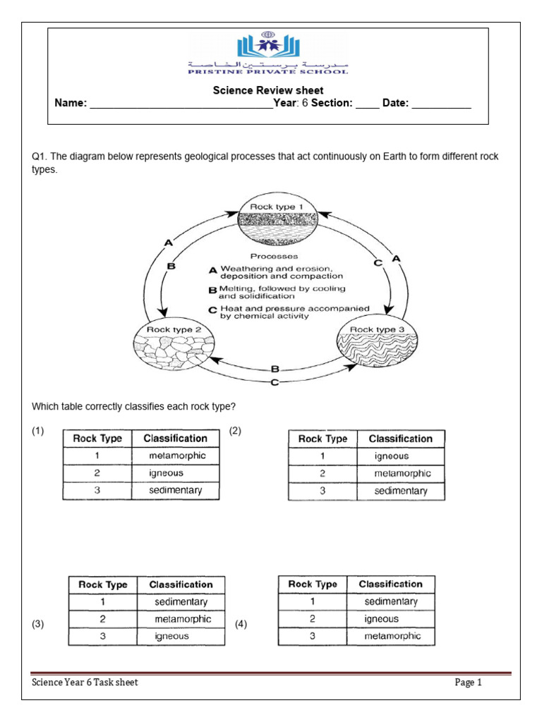 Review Sheet Year 6 Science | PDF | Rock (Geology) | Sedimentary Rock
