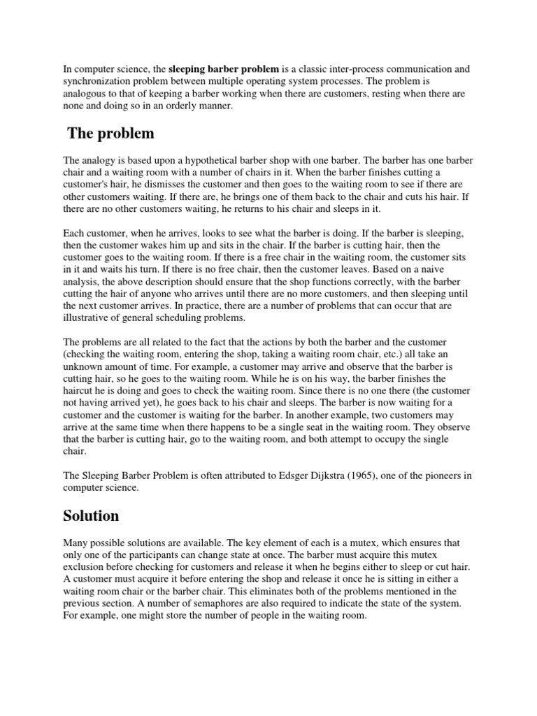 Sleeping Barber | PDF | Concurrency (Computer Science) | Operating System Technology