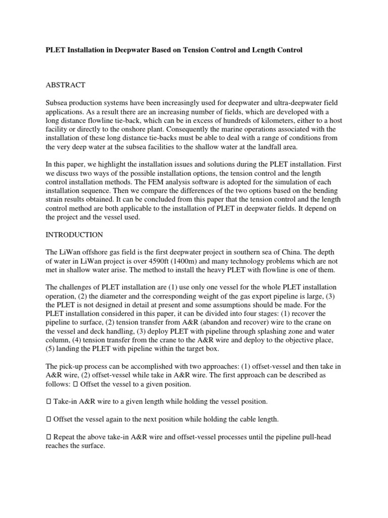 PLET Installation in Deepwater Based On Tension Control and Length ...