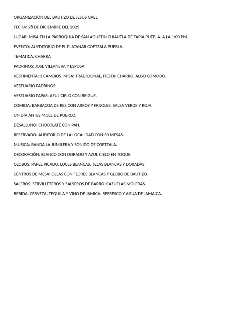 Organización Del Bautizo de Jesus Gael | PDF | Alimentos | Cocina