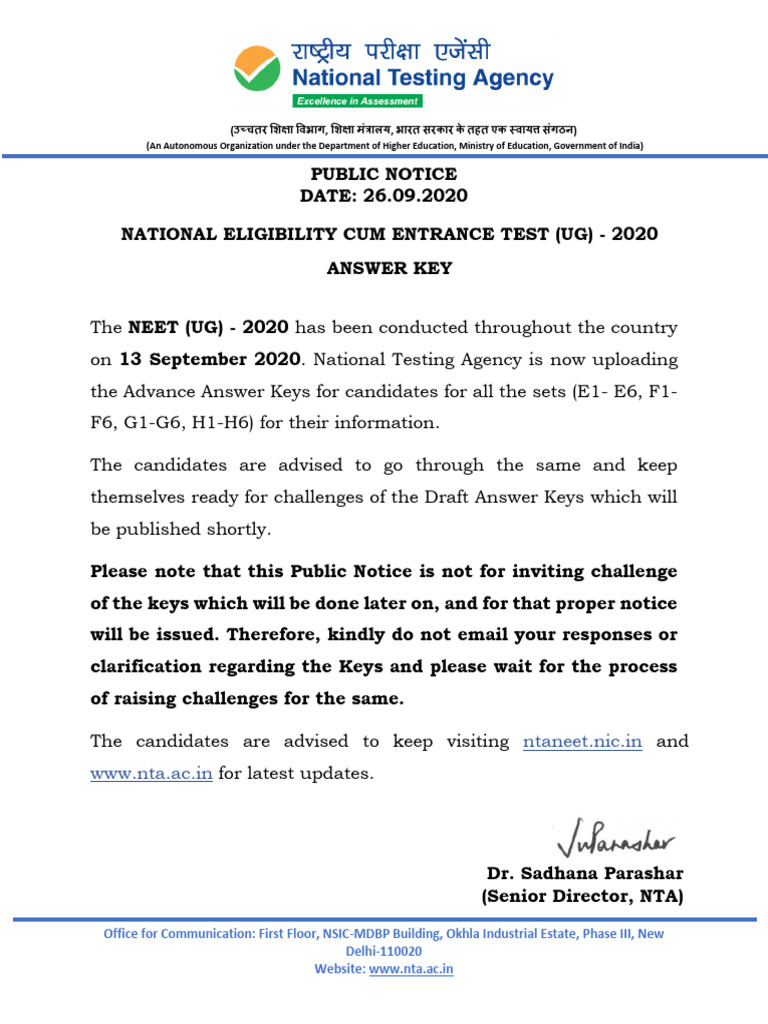 NEET 2020 Answer Key | PDF | Qualifications | Medical Education
