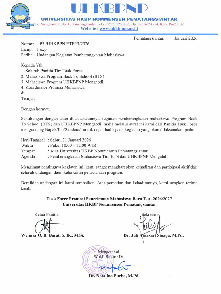 Undangan Keberangkatan Mahasiswa UHKBPNP Mengabdi 3112026 | PDF