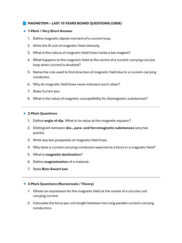 Hysics Class 12th Cbse Magnetism Pyq | PDF | Magnetic Field | Magnetism
