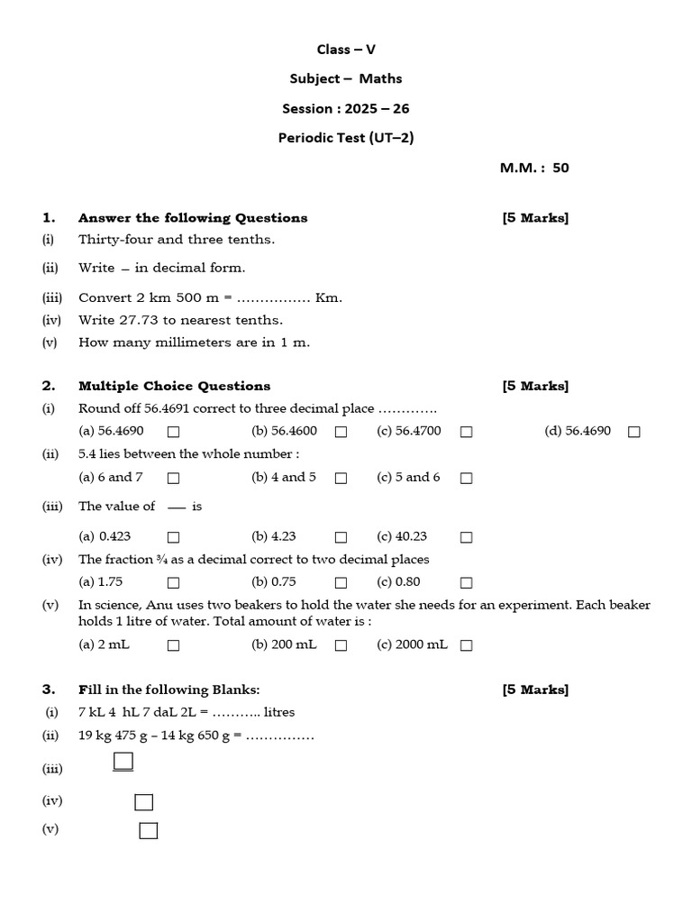 Class - V Periodic Test - UT-2 - Maths - 2025-26 | PDF | Numbers ...