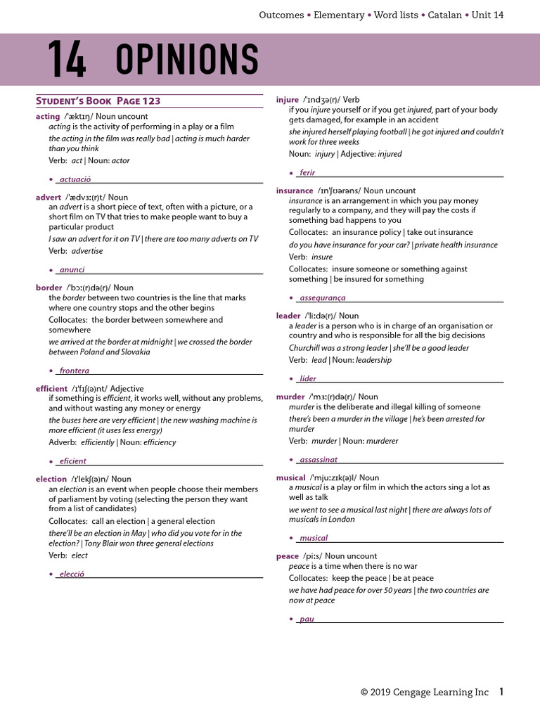 Outcomes Elementary Word Lists Catalan U14 | PDF | Adjective | Noun