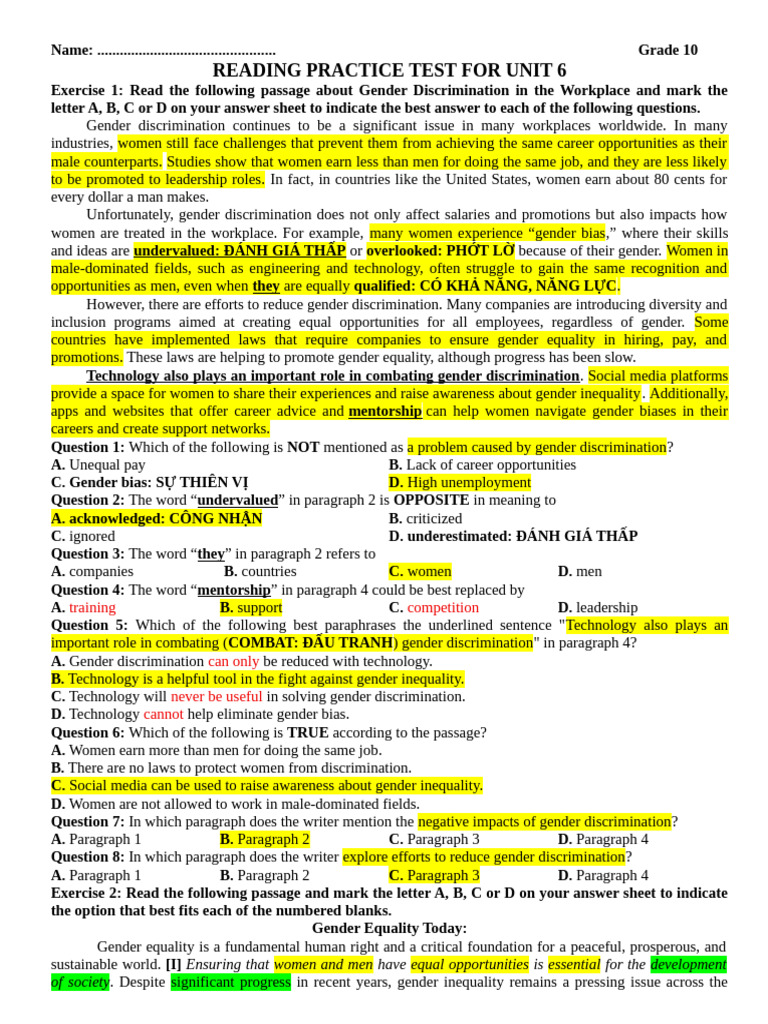 g10. Reading Practice Test For Unit 6. Key | PDF | Gender Equality ...