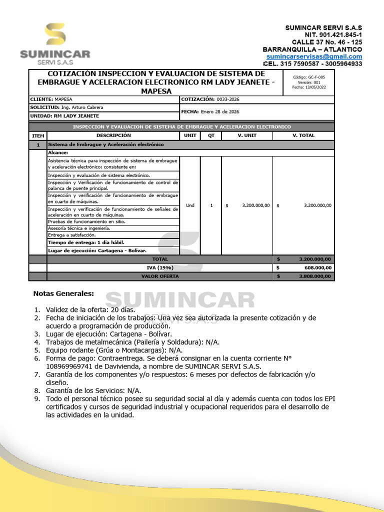 0033-2026 Cot Inspeccion y Evaluacion de Sistema de Embrague y ...