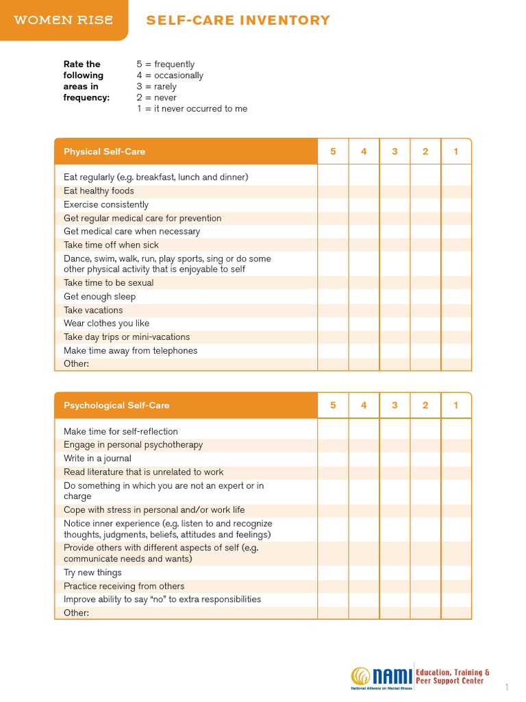Women Rise Self Care Inventory Handout | PDF | Psychology ...