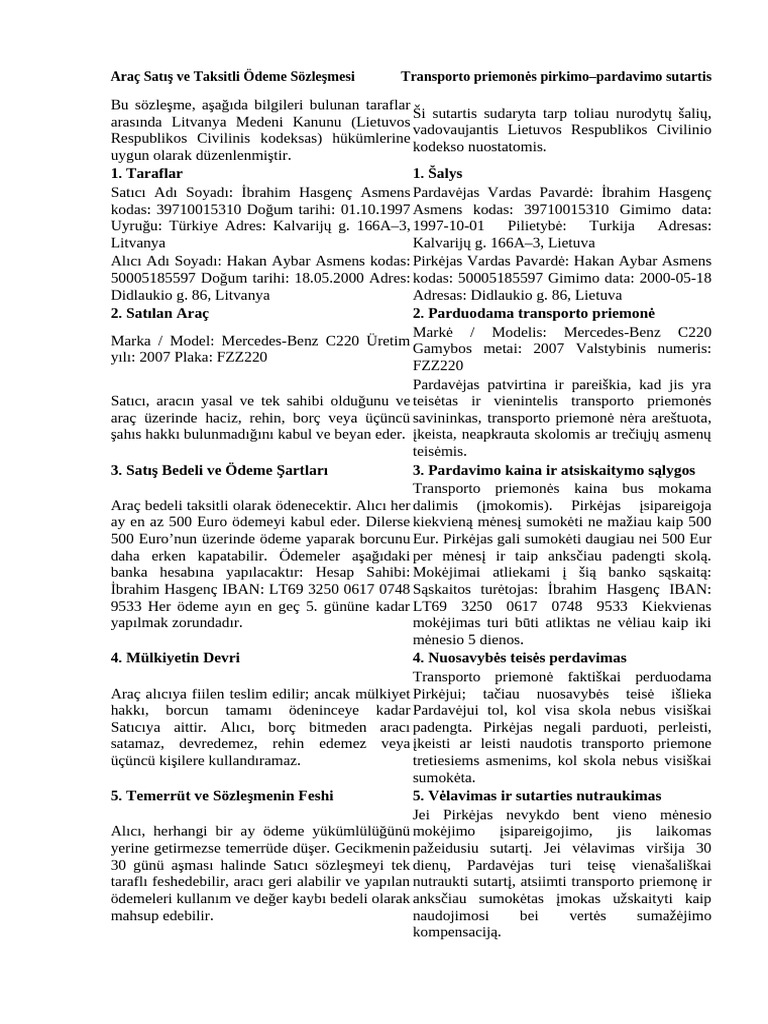Transporto Priemonės Pirkimo-Pardavimo Sutartis | PDF