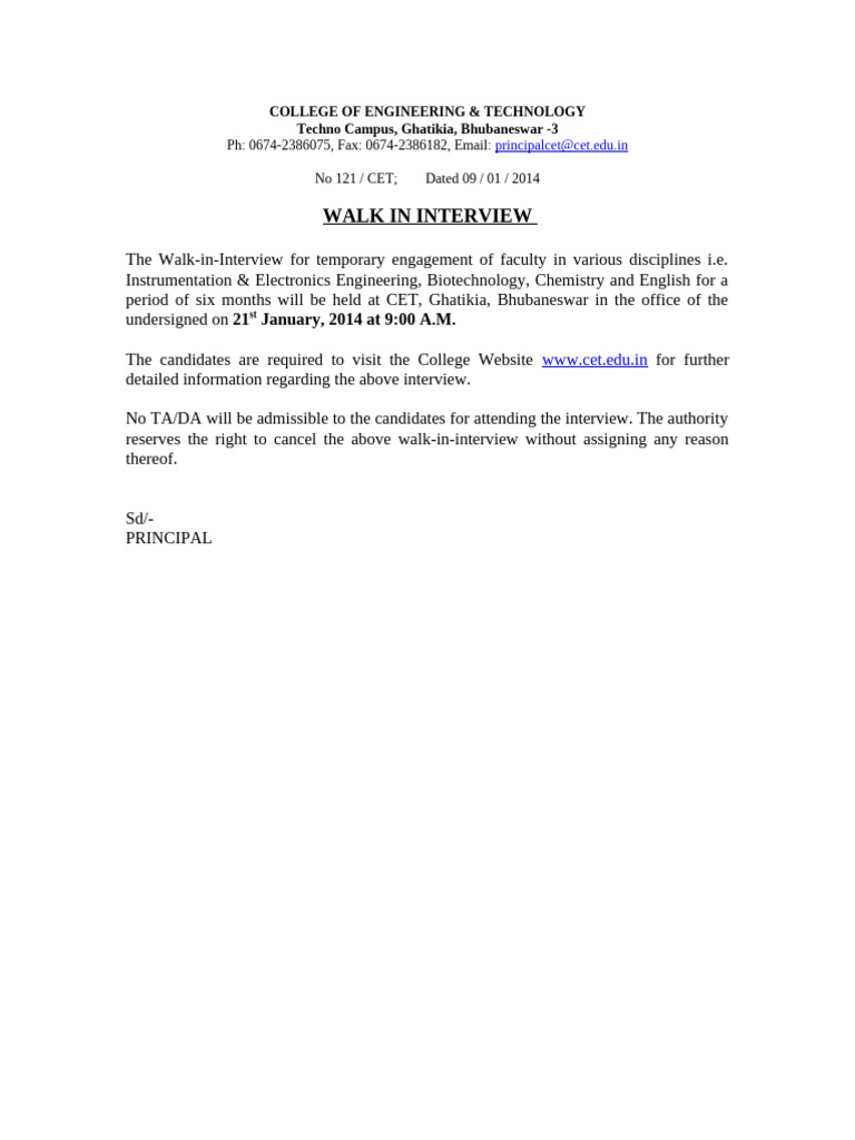 70 - 34 - CET, Advertisement For Walk-In-Interview of Teacher 18 12 ...