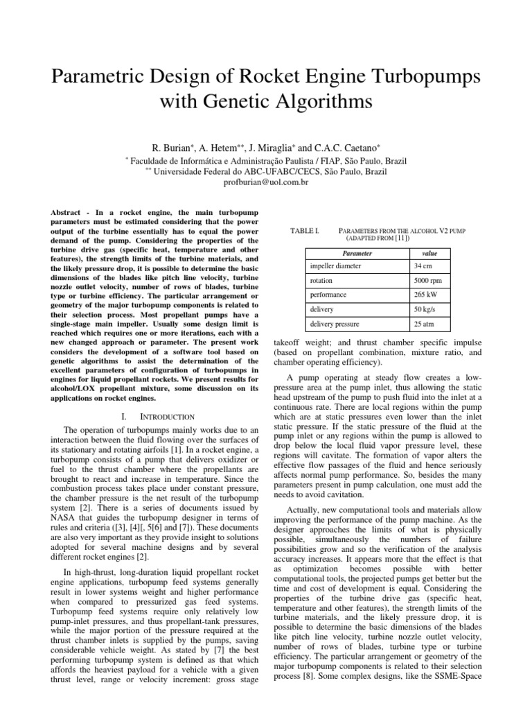 Parametric Design of Rocket Engine Turbopumps With Genetic Algorithms ...