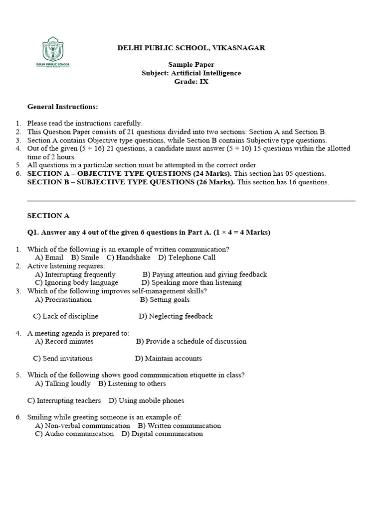 Grade IX AI Sample Paper | PDF | Artificial Intelligence | Intelligence ...