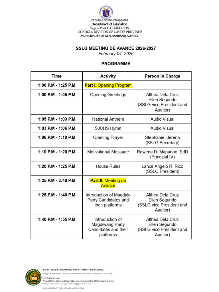 Meeting de Avance Programme SY 2026 2027 1 | PDF | Philippines