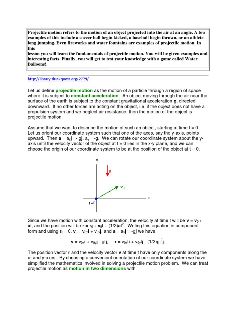 Projectile Motion Trajectory Cartesian Coordinate System