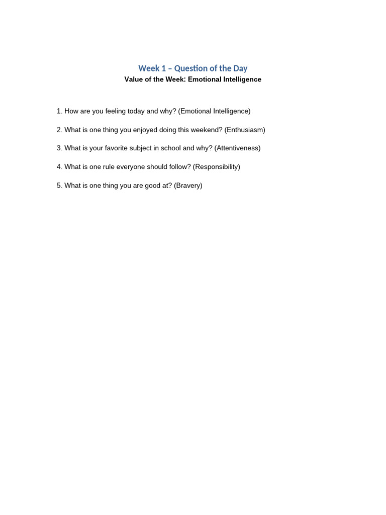 6th Grade Question of the Day Weekly Posters With Values | PDF ...